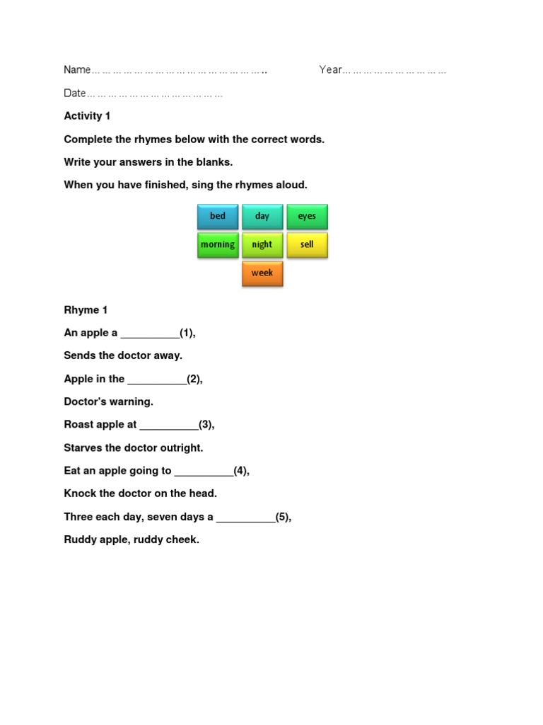 Year 3 Rhyme Completion Exercise | PDF | Wellness