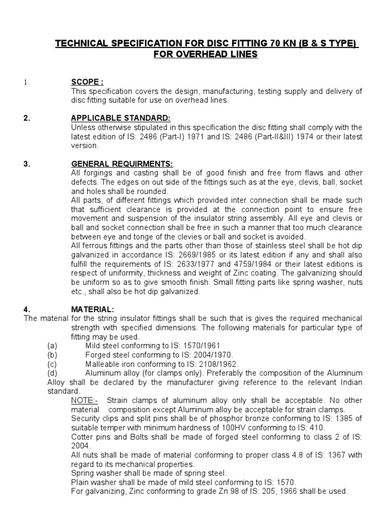 Technical Specifications for 70kN Disc Fittings for Overhead Power Lines | PDF | Galvanization ...