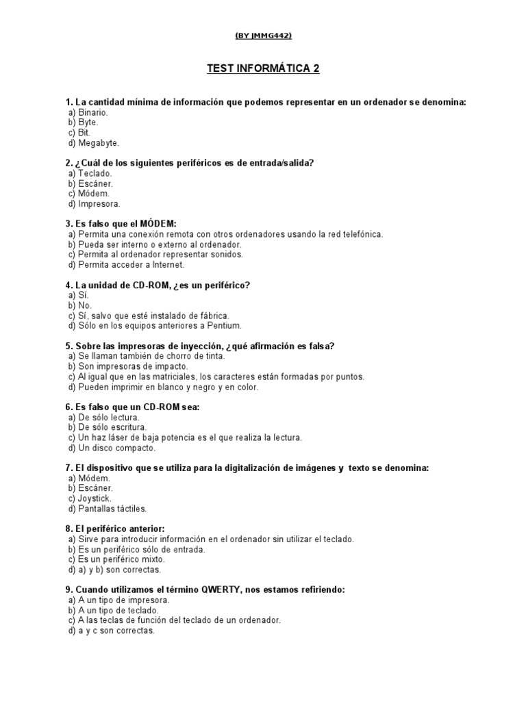 Test de Informática Básica con Respuestas | PDF | Periférico ...