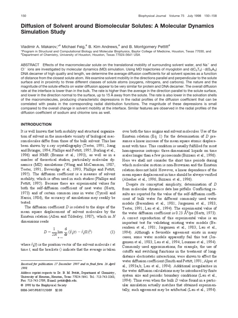 Diffusion of Solvent Around Biomolecular Solutes: A Molecular Dynamics ...