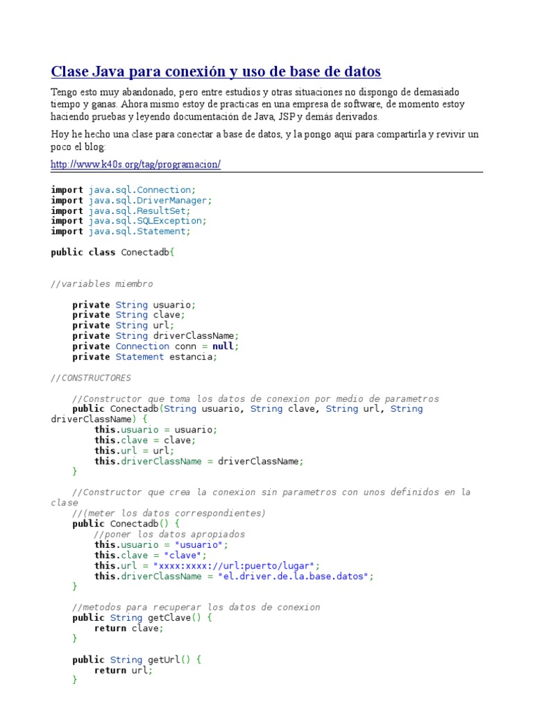 Clase Java para Conexión y Uso de Base de Datos | PDF | Java (lenguaje de programación) | SQL