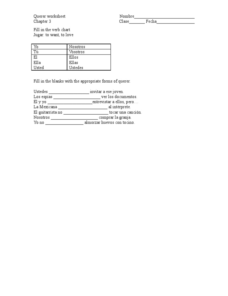 SP 1 CH 3 Querer Worksheet | PDF | Artes del Lenguaje y Comunicación