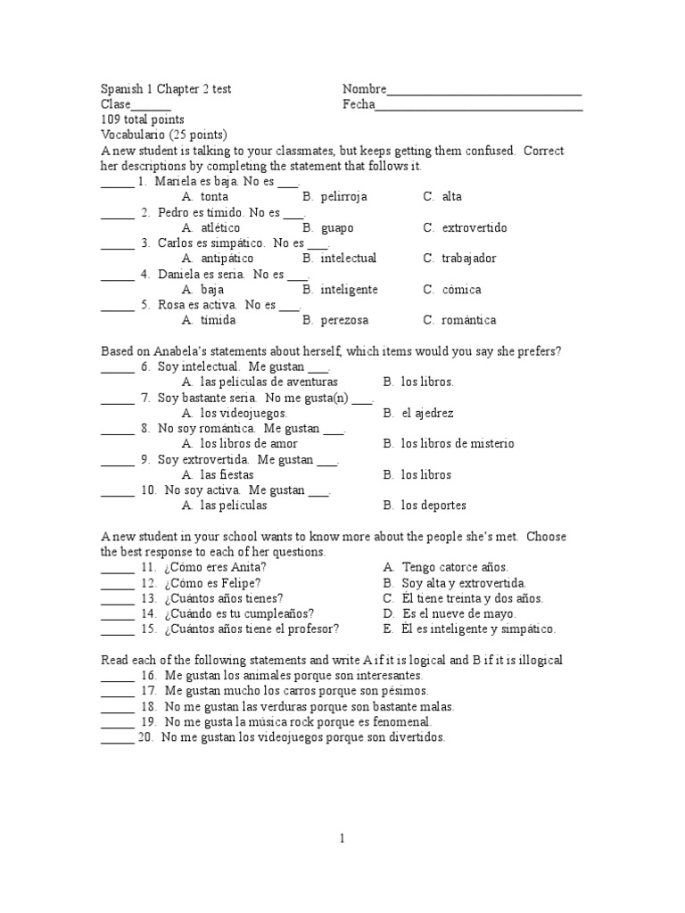 Spanish 1 Chapter 2 Test | PDF | Ocio