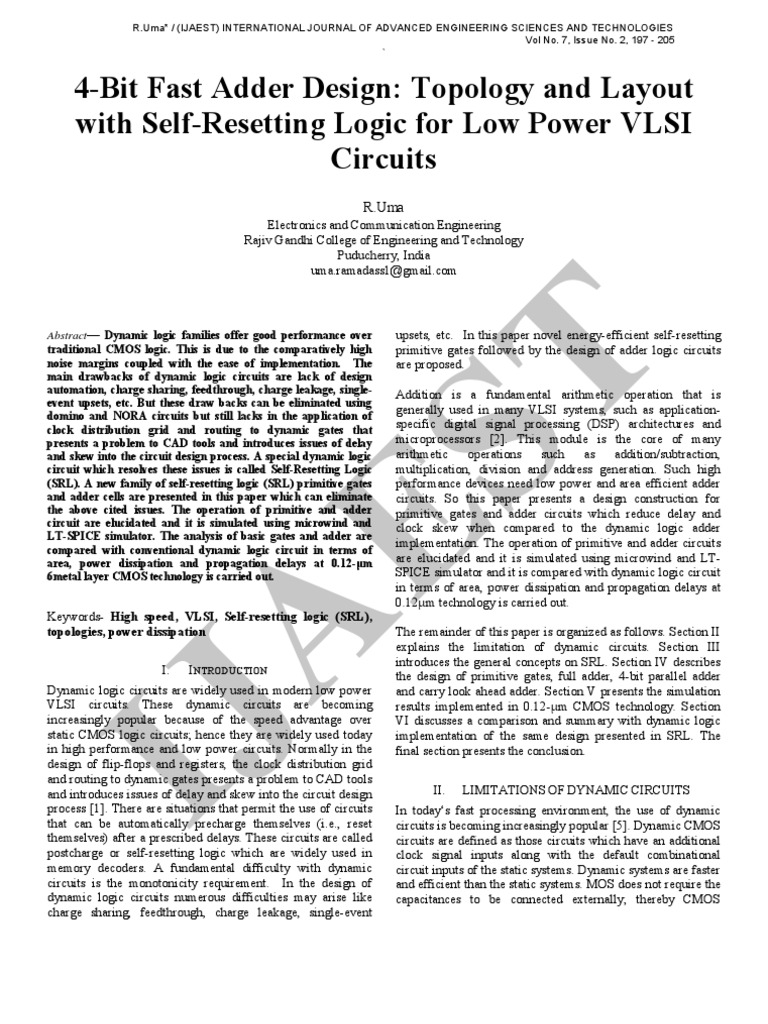 4 Bit Fast Adder Design Topology and Layout With Self Resetting Logic ...