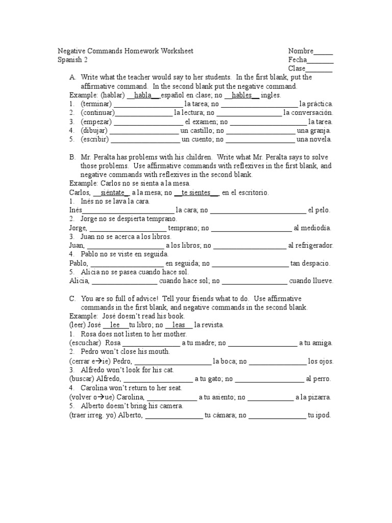 Negative Commands Homework Worksheet | PDF | Reforma educativa ...