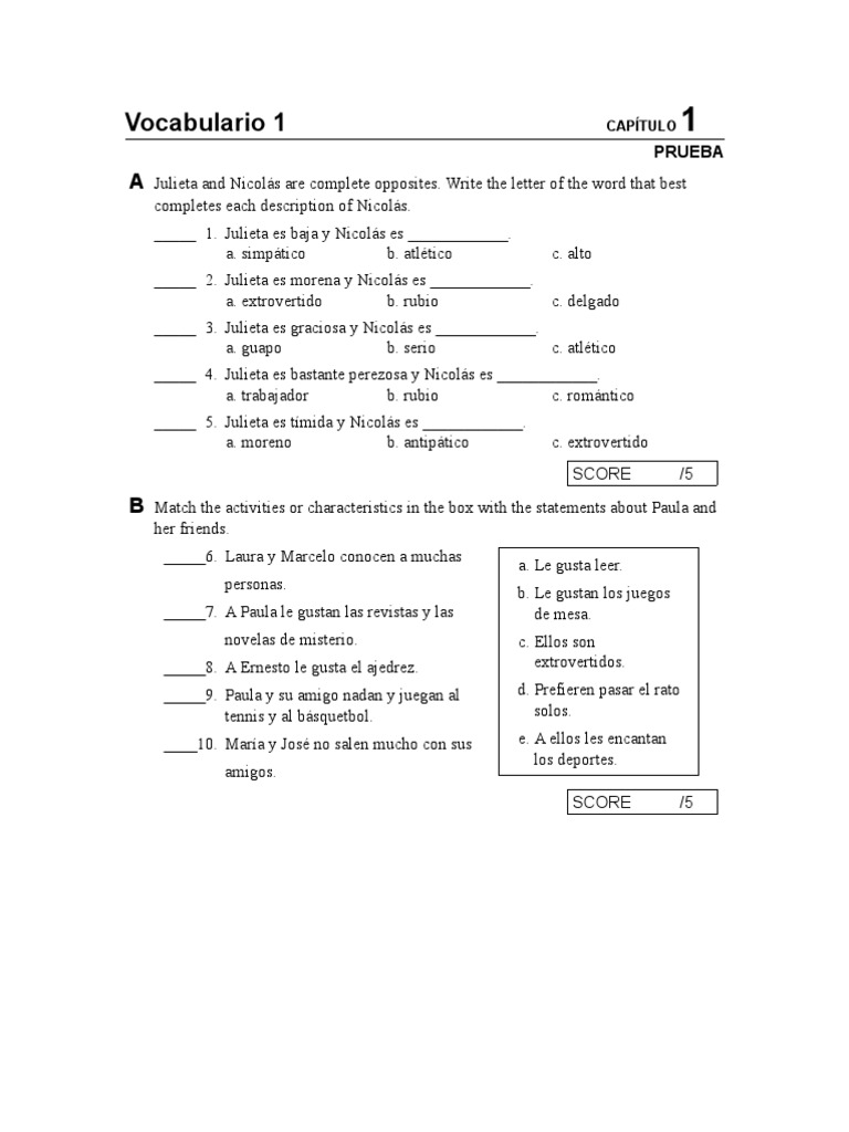 Spanish 2 CH 1 Vocabulario 1 | PDF | Ocio