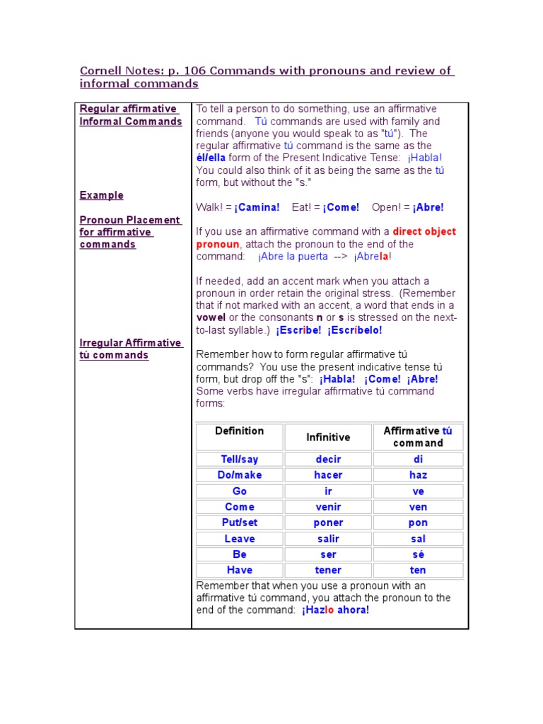 Cornell Notes Commands With Pronouns and Review of Informal Commands ...