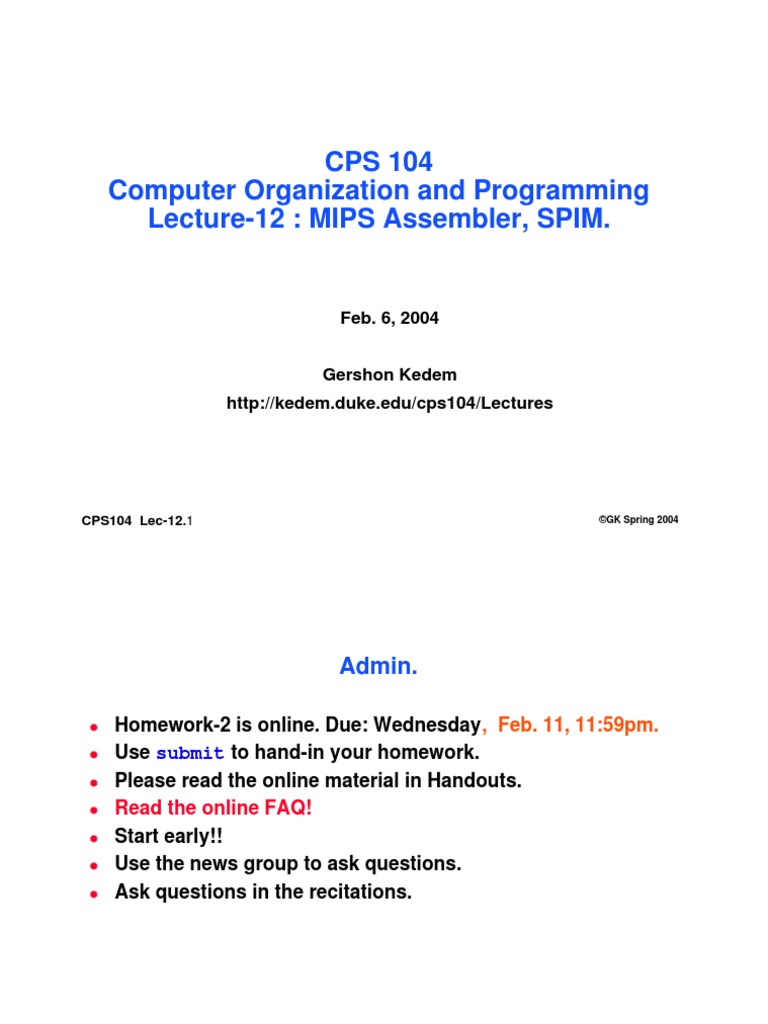 CPS 104 Computer Organization and Programming Lecture-12: MIPS ...