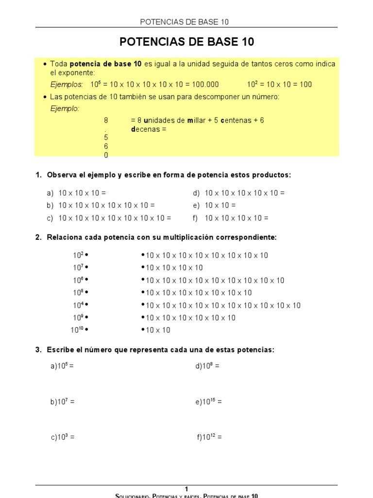 Hoja De Trabajo De Potencias De Diez Potencias: Fichas Interactivas Y