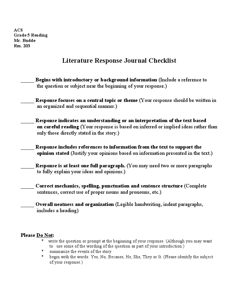 Grade 5 Literature Response Checklist | PDF | Career & Growth