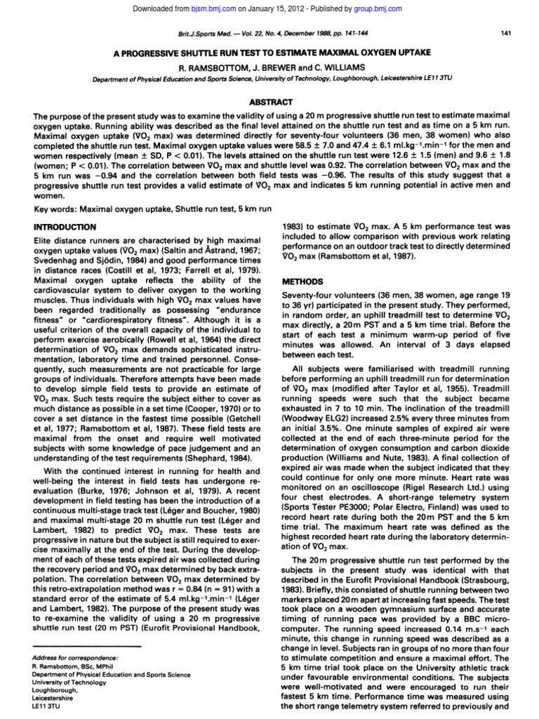 A Progressive Shuttle Run Test | PDF | Heart Rate | Correlation And ...