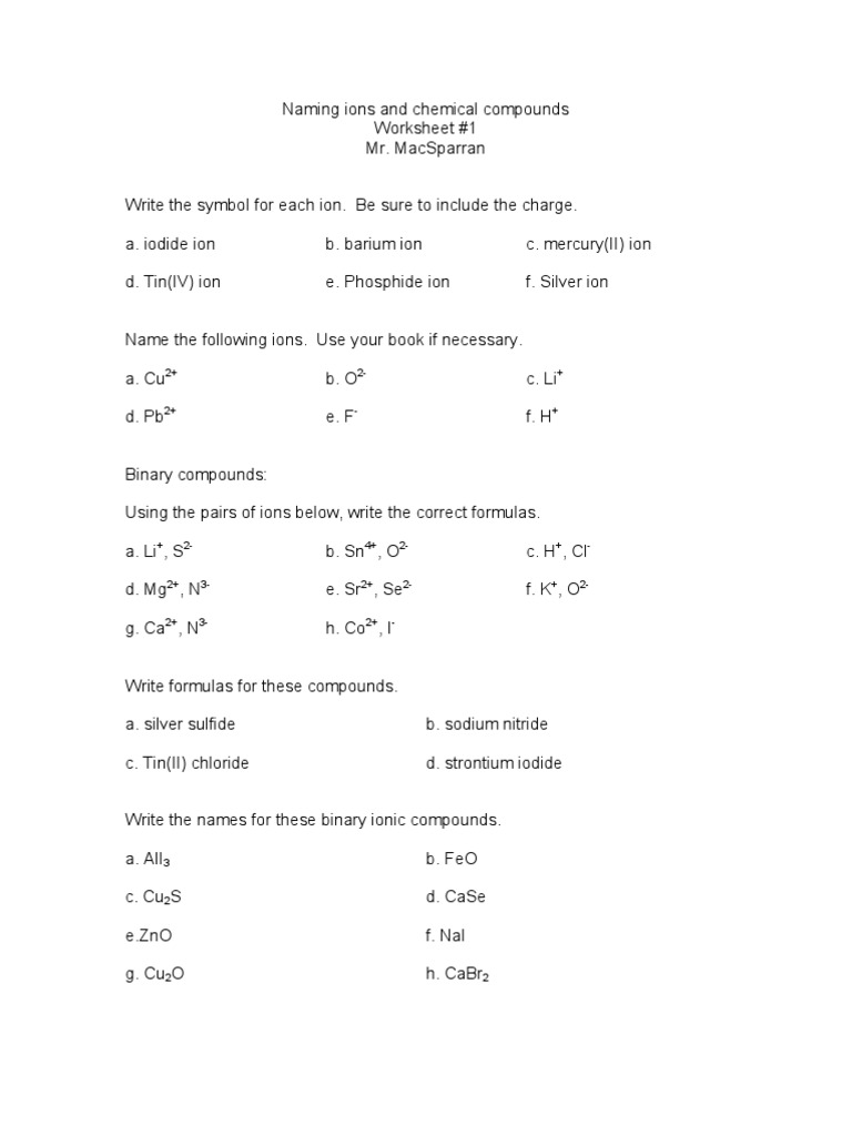(Chemistry 16) Naming Compounds Packet (6 Worksheets) PDF | PDF | Ion ...