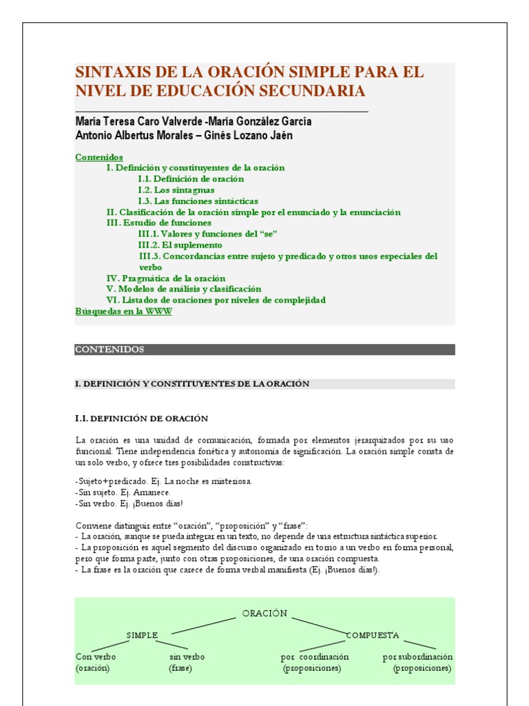 Sintaxis de La Oración Simple para E. Secundaria PDF | PDF | Oración (Lingüística) | Verbo