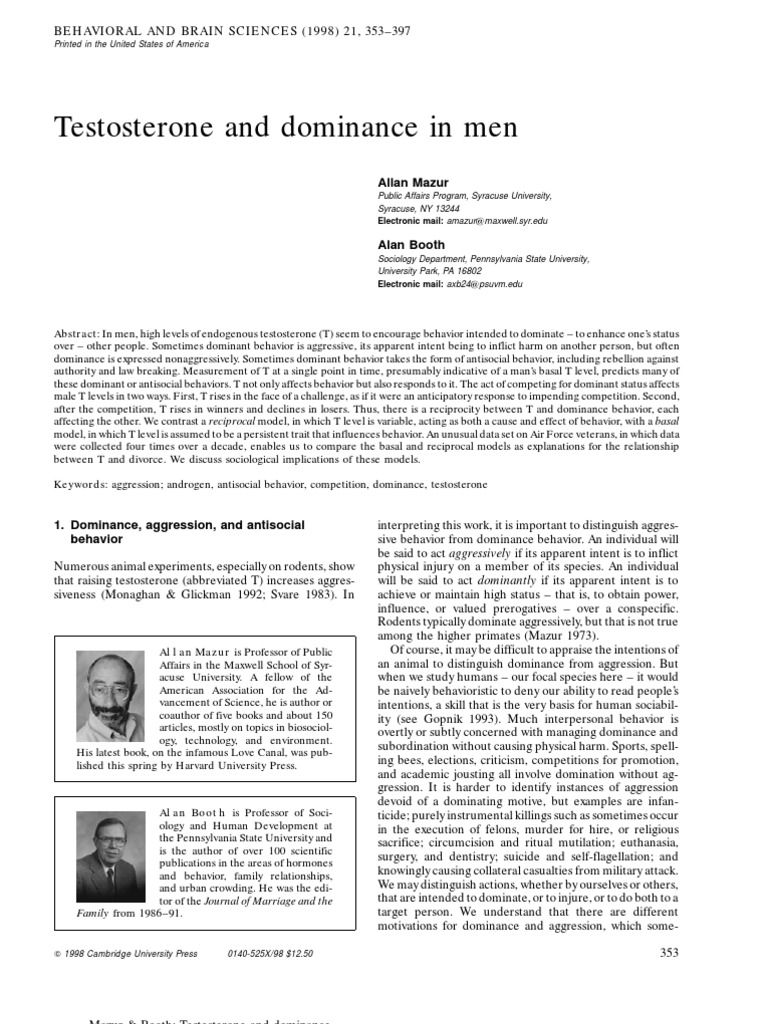 Testosterone and Dominance in Men | PDF | Aggression | Testosterone