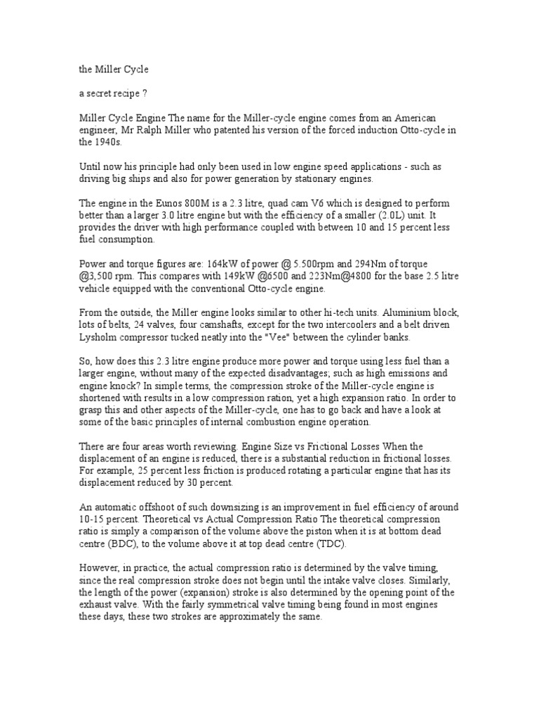 The Miller Cycle | PDF | Internal Combustion Engine | Gas Compressor