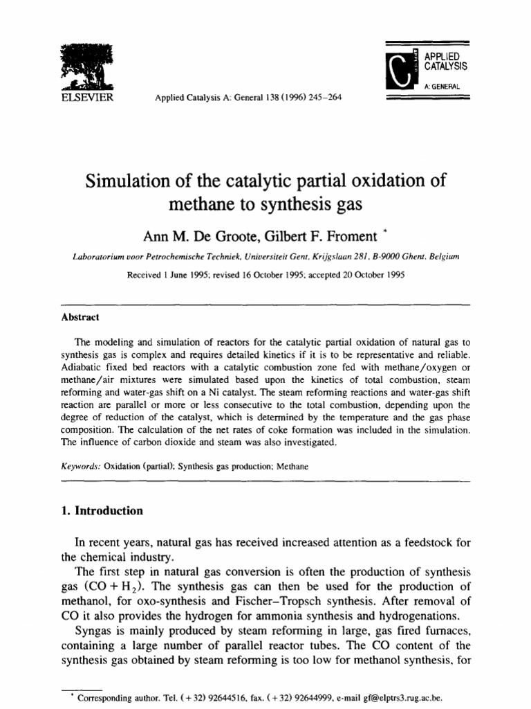 Simulation of The Catalytic Partial Oxidation of Methane To Synthesis Gas by D.groote, Froment ...