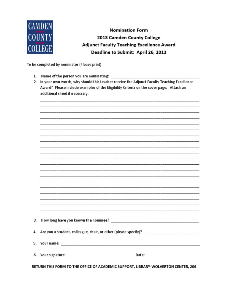 Teaching Excellence Award Nomination Form 2013 Pdf