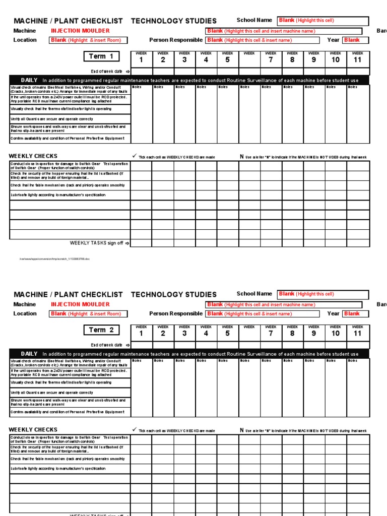 Machine / Plant Checklist Technology Studies: Term 1 | PDF | Machines ...