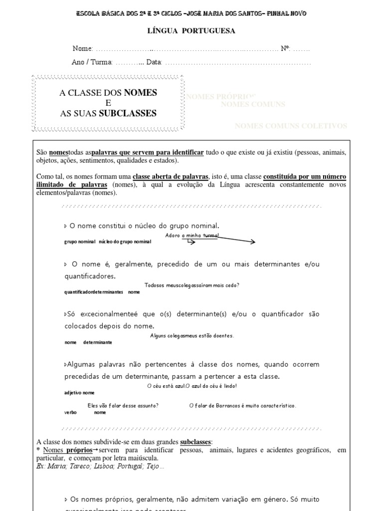 A Classe Dos Nomes e As Suas Subclasses | Download grátis PDF ...