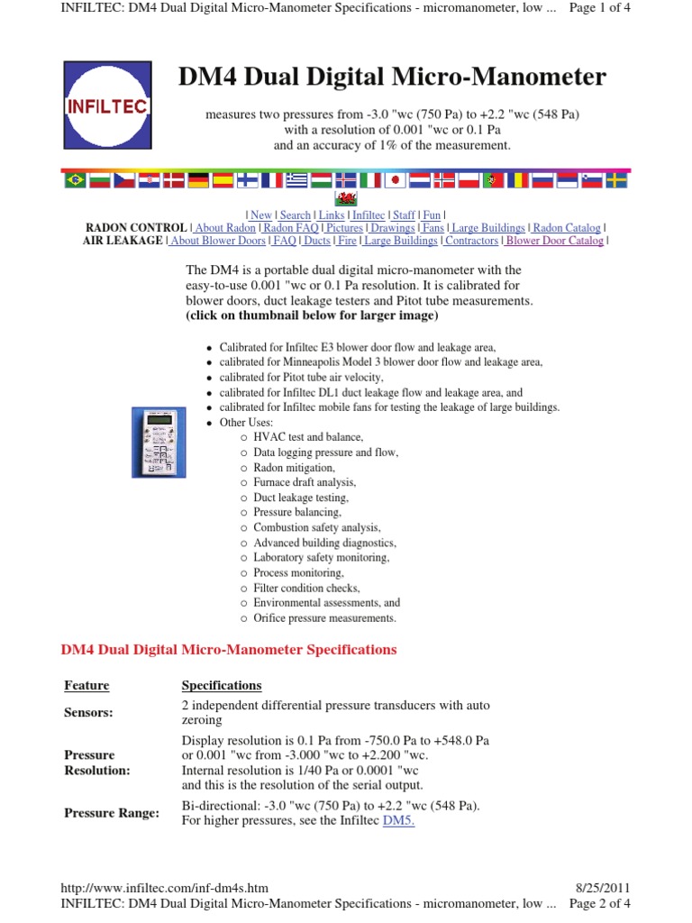 Infiltec-DM4-Dual Digital Micro Manometers PDF | PDF | Calibration | Pressure Measurement