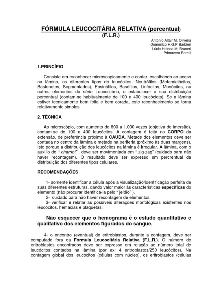 FÓRMULA LEUCOCITÁRIA RELATIVA e vaLORES NORMAIS PARA ADULTOS PDF | PDF ...
