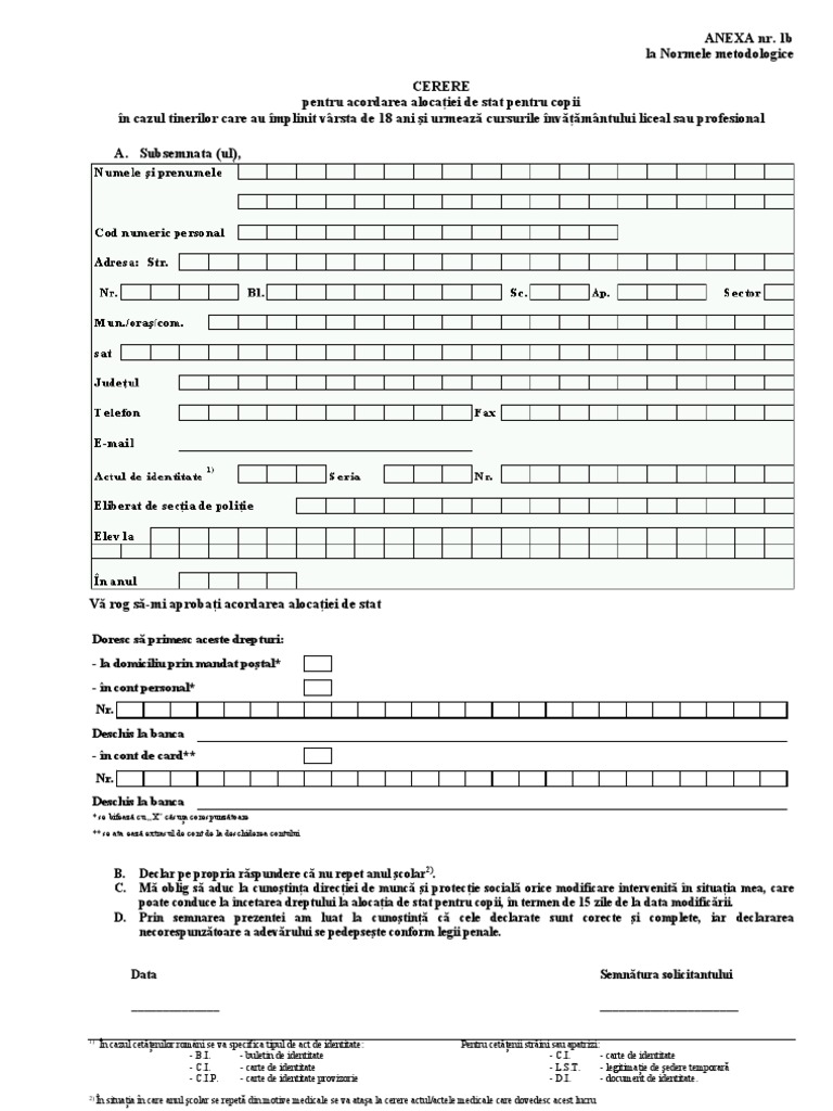 Cerere-Tip Alocatie de Stat Pentru Tineri de Peste 18 Ani | PDF