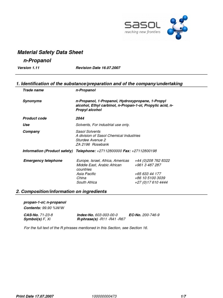 n Propanol MSDS | Firefighting | Personal Protective Equipment