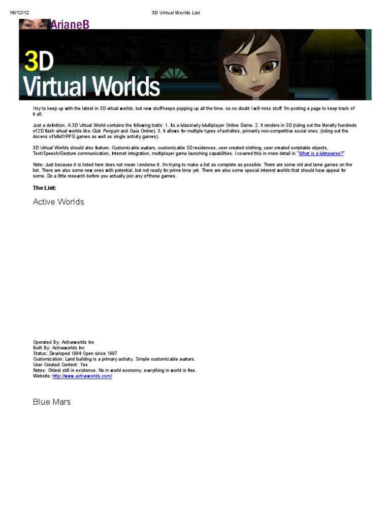 3D Virtual Worlds List | PDF | Second Life | Virtual World
