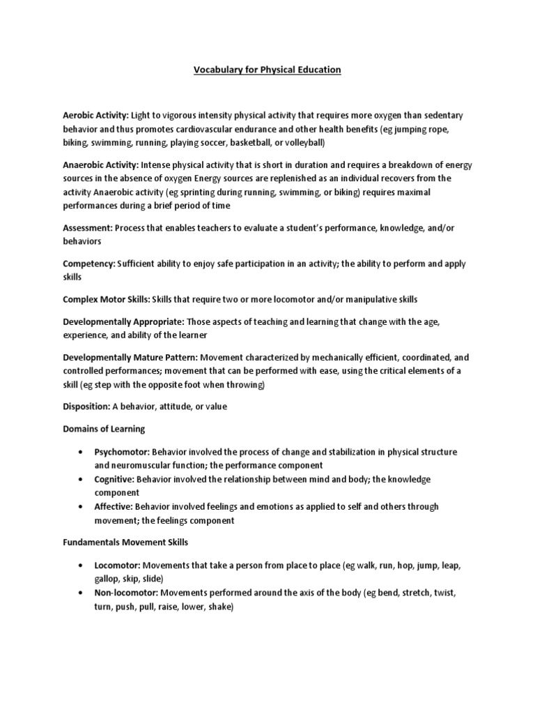 Academic Vocabulary For PE | PDF | Physical Education | Physical Exercise
