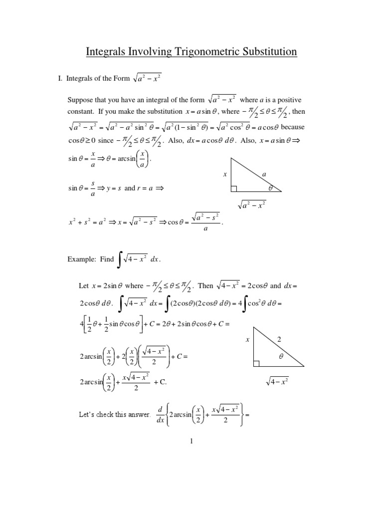 Integrals Involving Trigonometric Substitution | Sine | Trigonometric ...