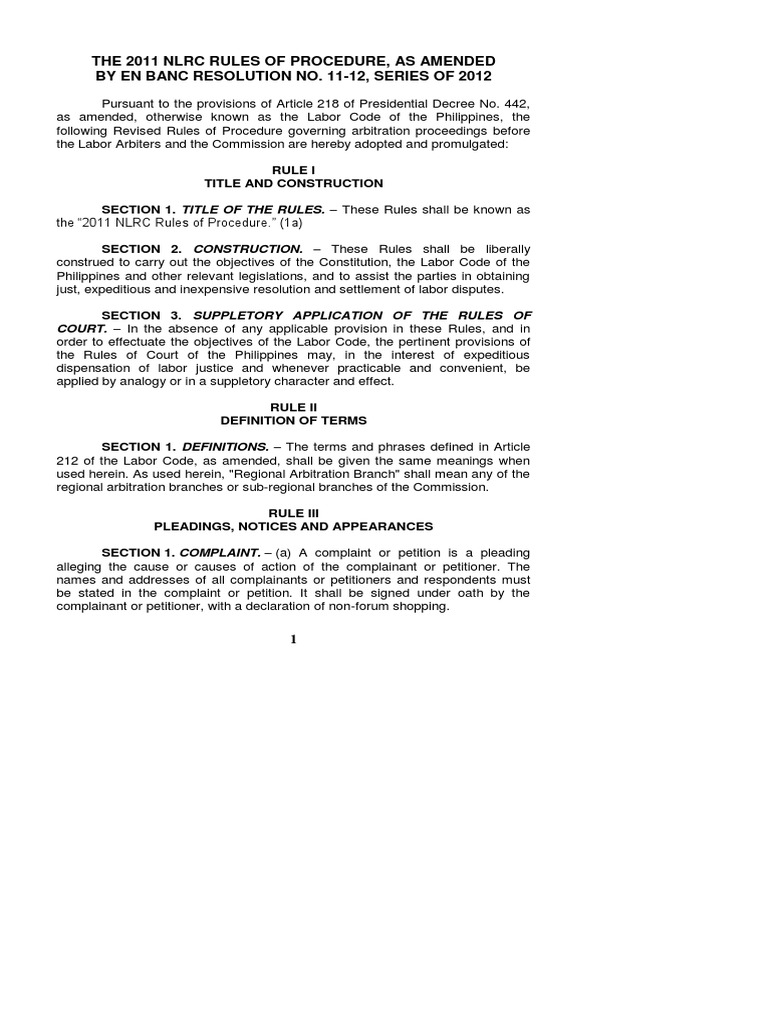2011 NLRC Rules of Procedure, As Amended | PDF | Arbitration | Complaint