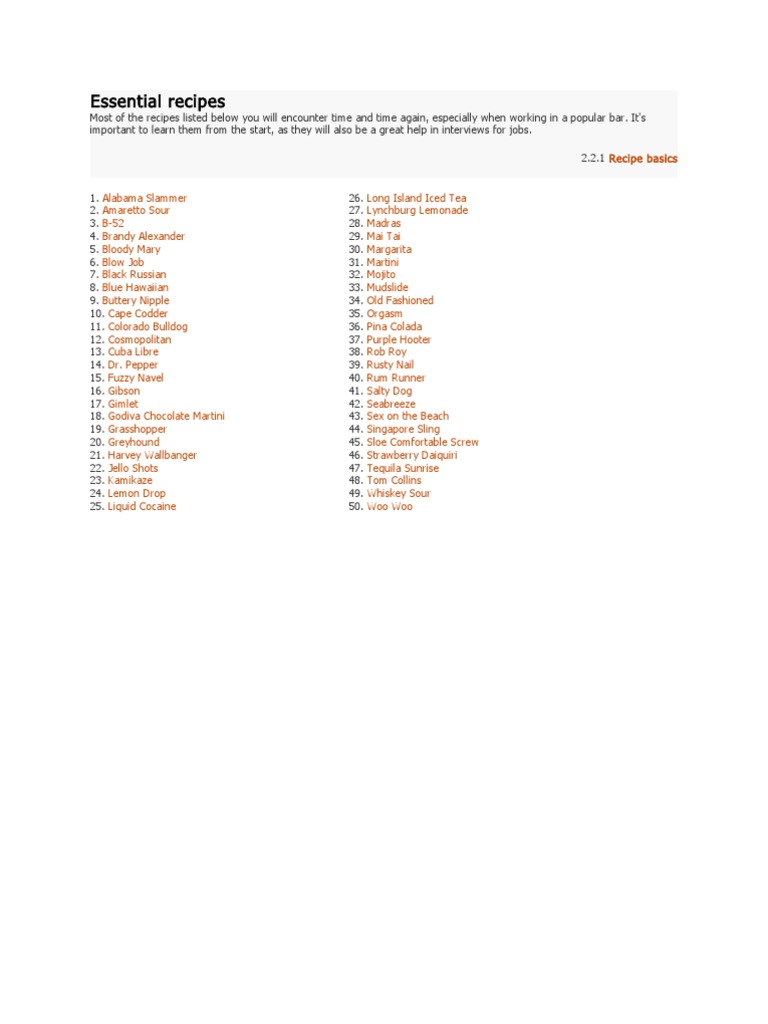 Essential Drink Recipes | PDF | Martini (Cocktail) | Cocktails