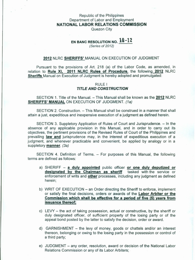 2012 NLRC Sheriffs' Manual Overview | PDF | Judgment (Law) | Arbitration