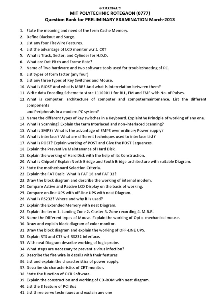 Mit Polytechnic Rotegaon (0777) Question Bank For PRELIMINARY ...