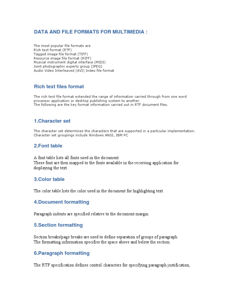 Data and File Formats For Multimedia | PDF | File Format | Text File