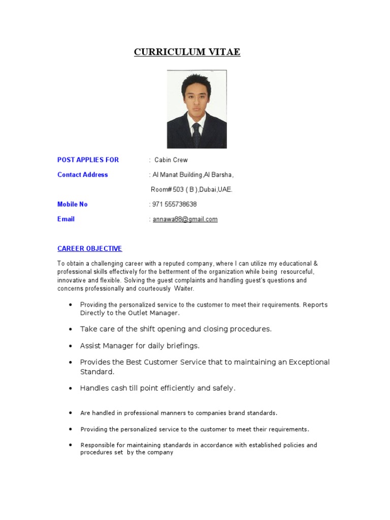 Curriculum Vitae: Post Applies For Contact Address | PDF | United Arab ...