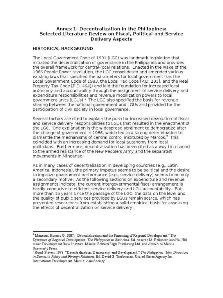 Decentralization in the Philippines: A Review of Fiscal, Political and ...