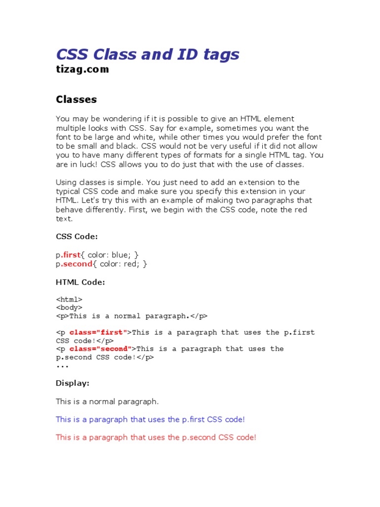 CSS Class and ID Tags: Classes | PDF | Cascading Style Sheets | Html ...
