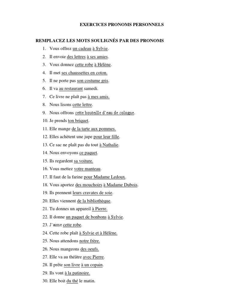 Exercices sur les pronoms personnels | PDF