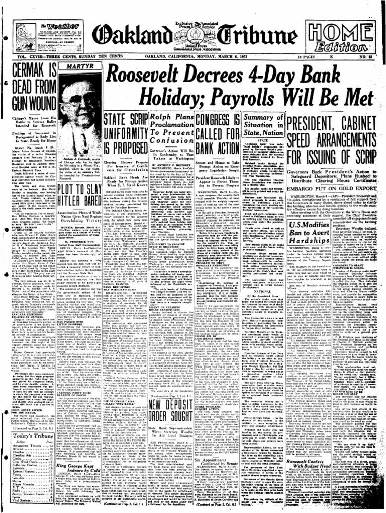 Roosevelt Decrees 4-Day Bank Holiday Payrolls Will Be Met: .IT TOS ...