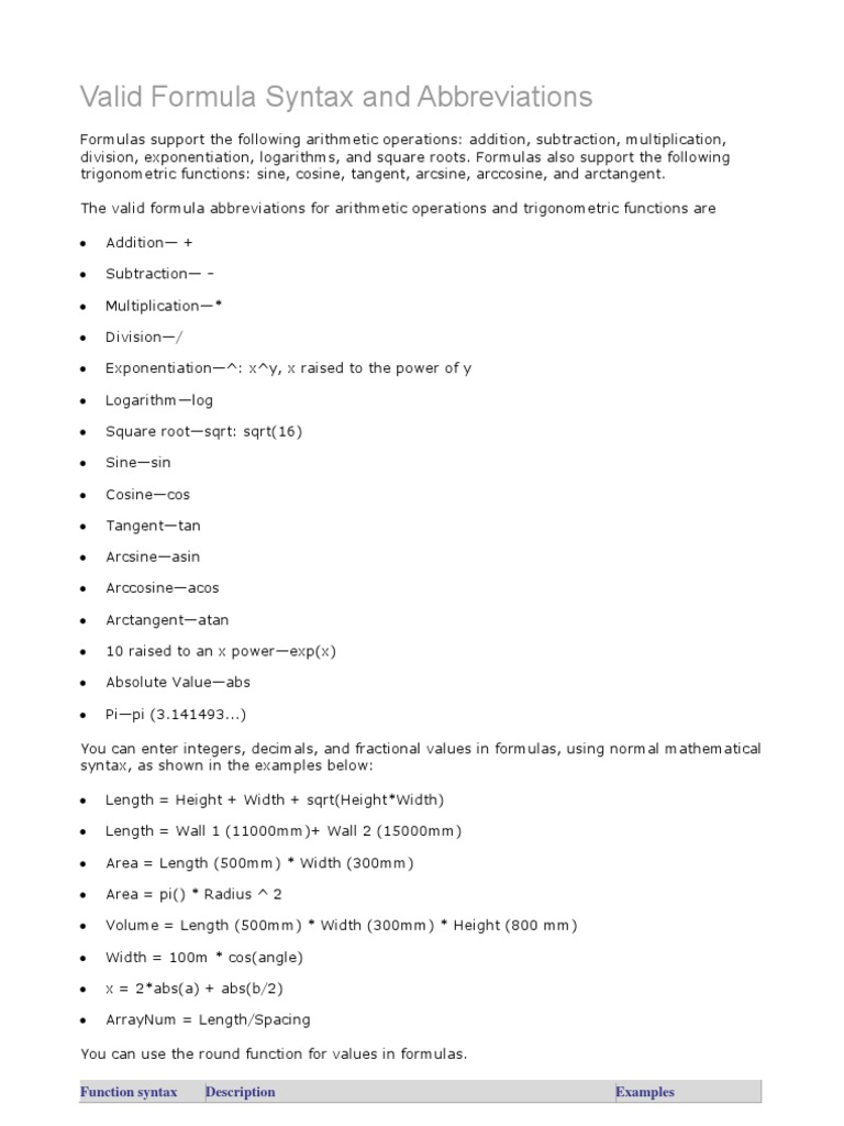 Formula Syntax, Functions, and Parameters in Documents | PDF ...