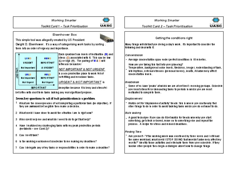 Working Smarter Toolkit Card 2 - Task Prioritisation Working Smarter | PDF | Motivation ...