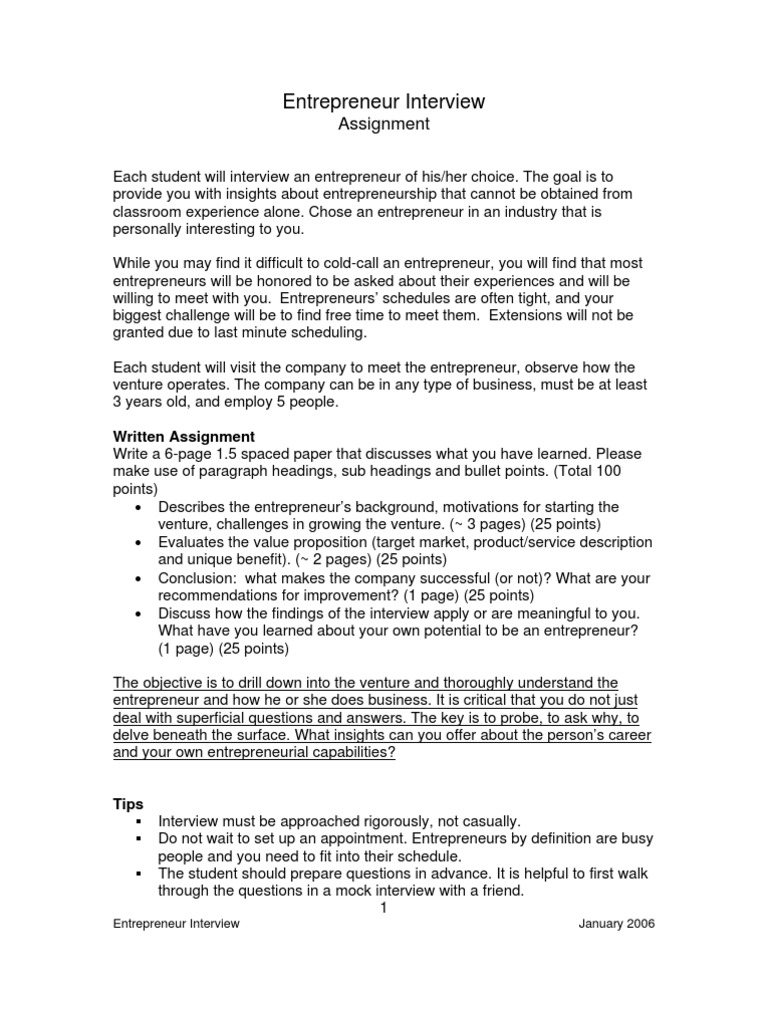 Entrepreneur Interview Assignment Guide | PDF | Entrepreneurship ...