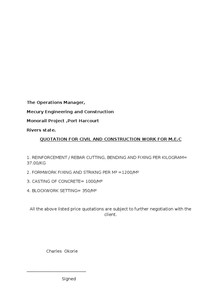 Quotation For Civil and Construction Work For M | PDF