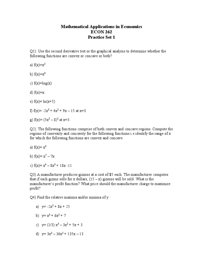 Mathematical Applications in Economics ECON 262 Practice Set 1 | PDF ...