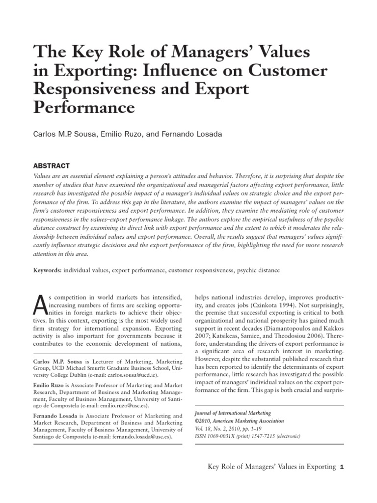 The Key Role of Managers' Values in Exporting: Influence On Customer ...