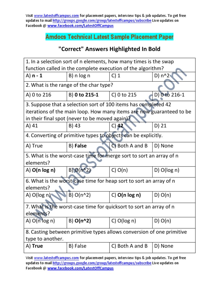 Amdocs Technical Latest Sample Placement Paper Correct Answers Highlighted In Bold Pdf
