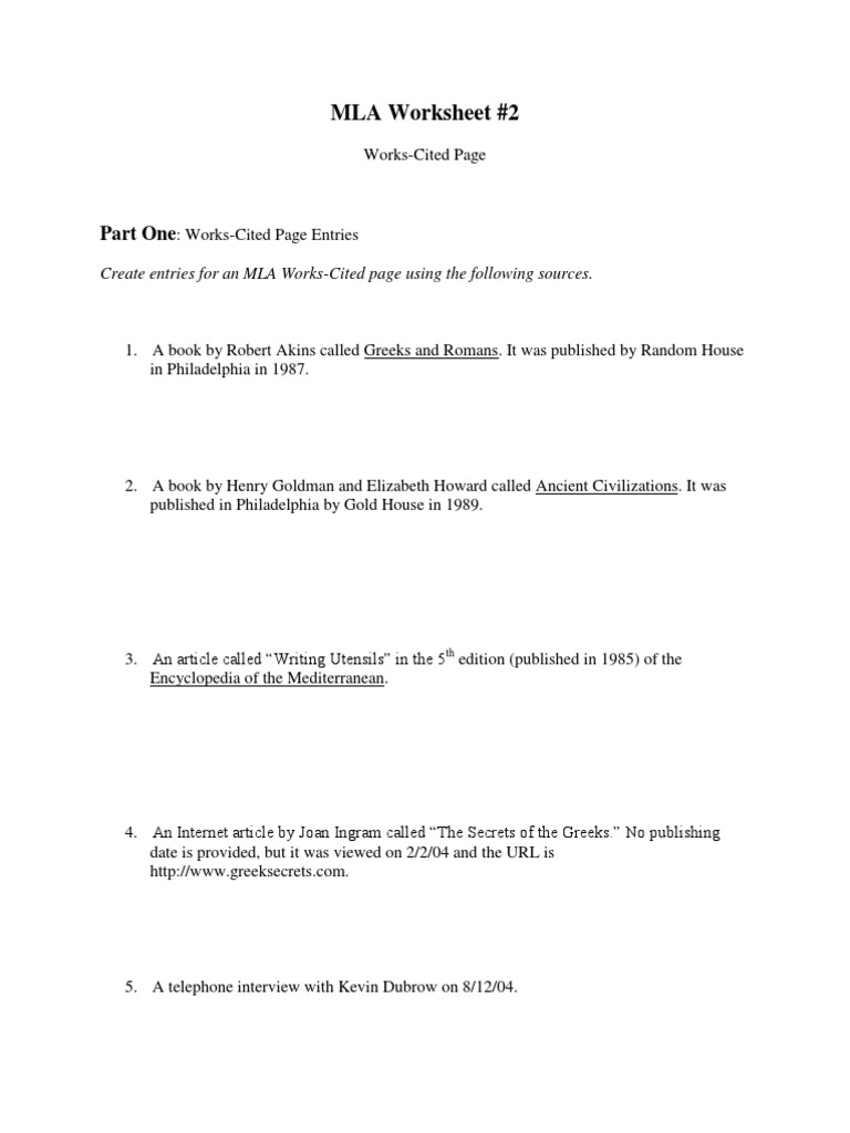 MLA Worksheet #2: Part One | PDF | Ancient Greece