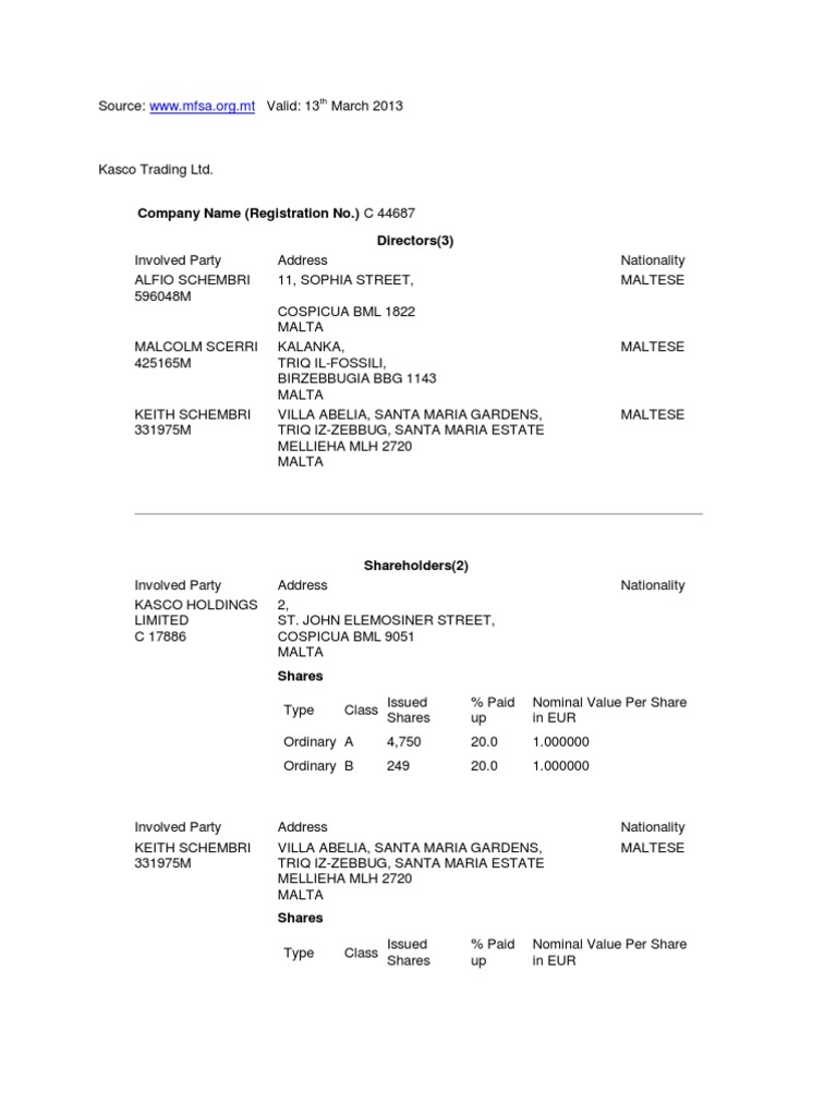 Kasco Trading Ltd. Keith Schembri | PDF