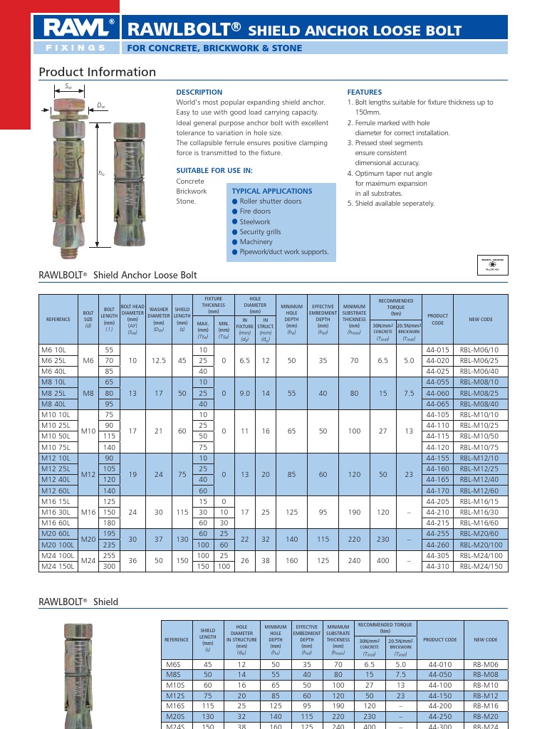 Rawlbolt: Shield Anchor Loose Bolt | PDF | Screw | Manufactured Goods